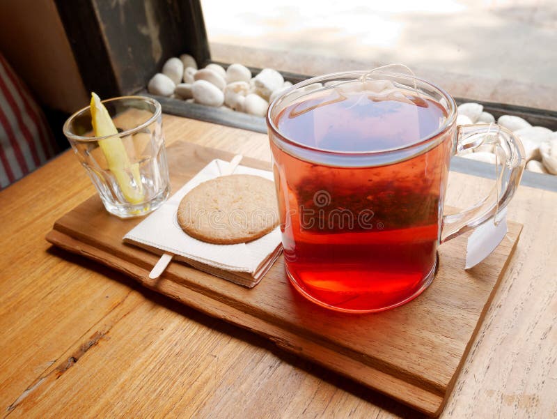 Strawberry Mango Hot Tea on Wooden Tray Stock Image - Image of biscuit ...