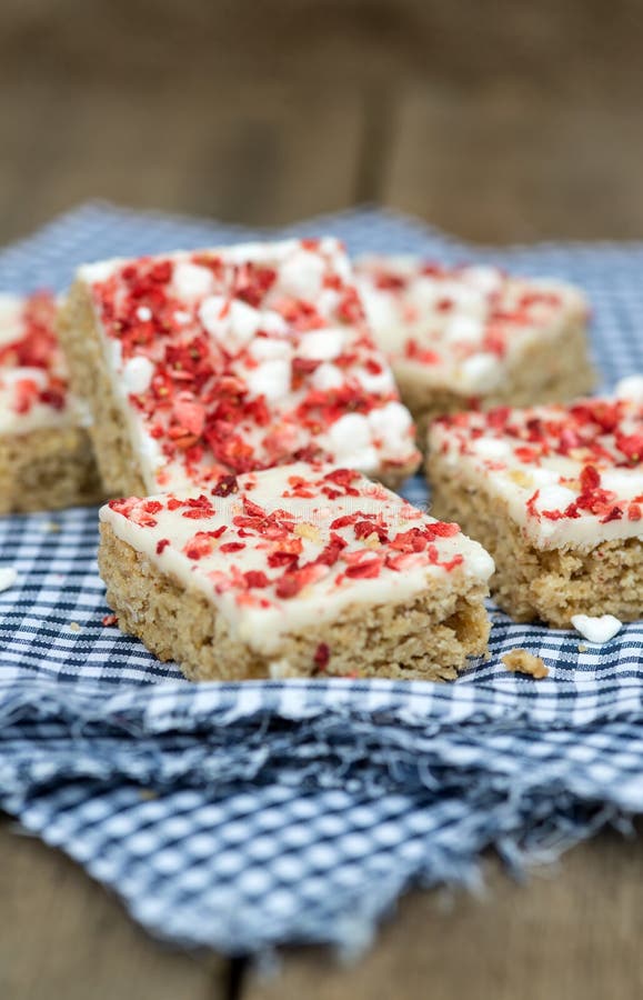 Strawberry and Meringue Topped Flapjack on Gingham Cloth Stock Image ...