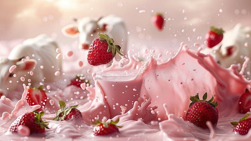Strawberry Milkshake Splash with Cows Stock Illustration - Illustration ...