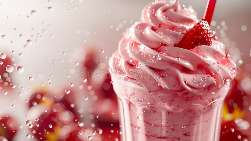 A Strawberry Milkshake with a Straw and Drops of Water Stock Photo ...