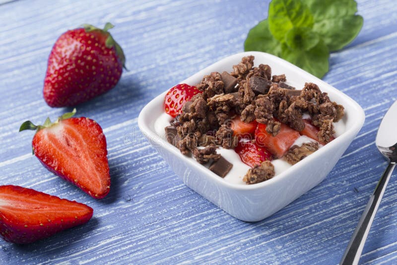Strawberry Muesli on Blue Wooden Backround Stock Image - Image of ...