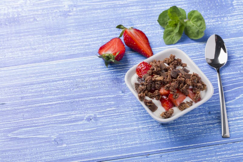 Strawberry Muesli on Blue Wooden Backround Stock Photo - Image of dairy ...