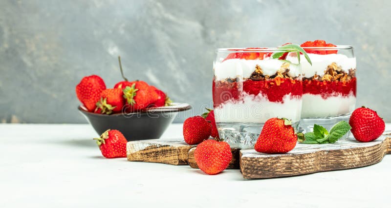 Strawberry Parfaits with Fresh Fruit, Yogurt and Granola, Long Banner ...