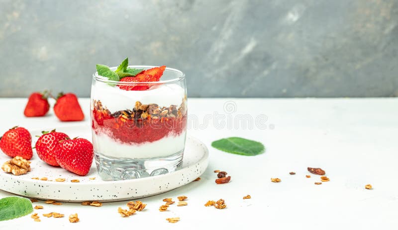 Strawberry Parfaits with Fresh Fruit, Yogurt and Granola, Long Banner ...