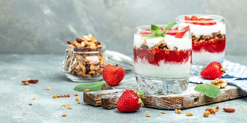 Strawberry Parfaits with Fresh Fruit, Yogurt and Granola, Long Banner ...