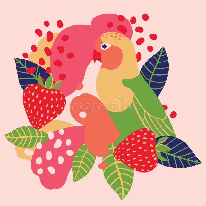 Strawberry and Parrot on Abstract Background. Vector Seamless ...
