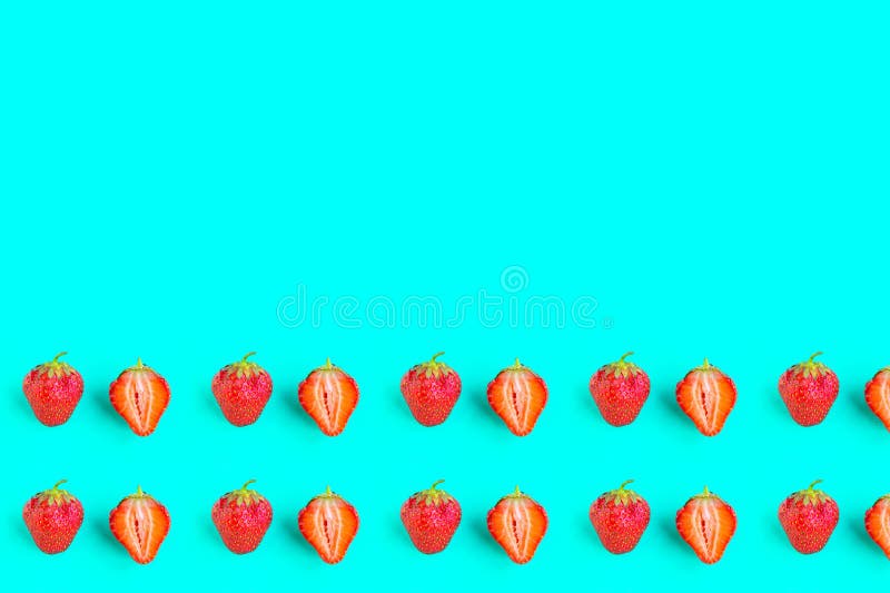 Strawberry Pattern on Bright Blue Background. Minimal Concept, Copy ...