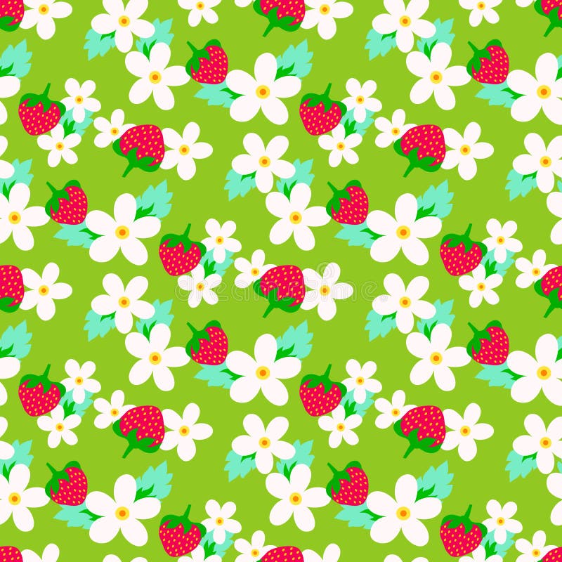 Strawberry Pattern with Flowers Stock Vector - Illustration of plant ...