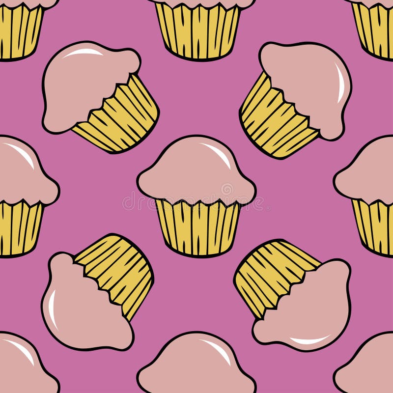 Strawberry Pink Cream Cupcake Seamless Pattern Stock Vector ...