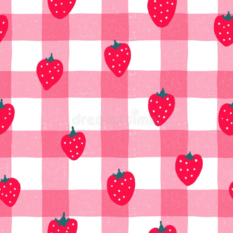Strawberry on Pink Gingham Checked Background, Pattern Illustration ...