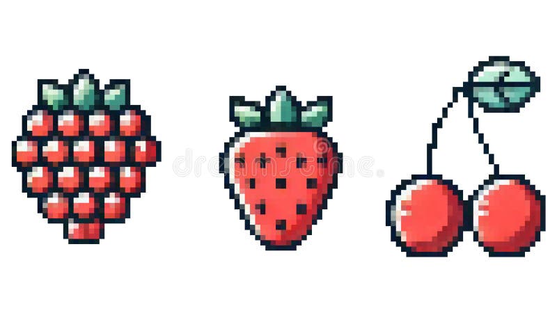 Strawberry, Raspberry, Cherry. Vector Icons in Pixel Art Style Stock ...