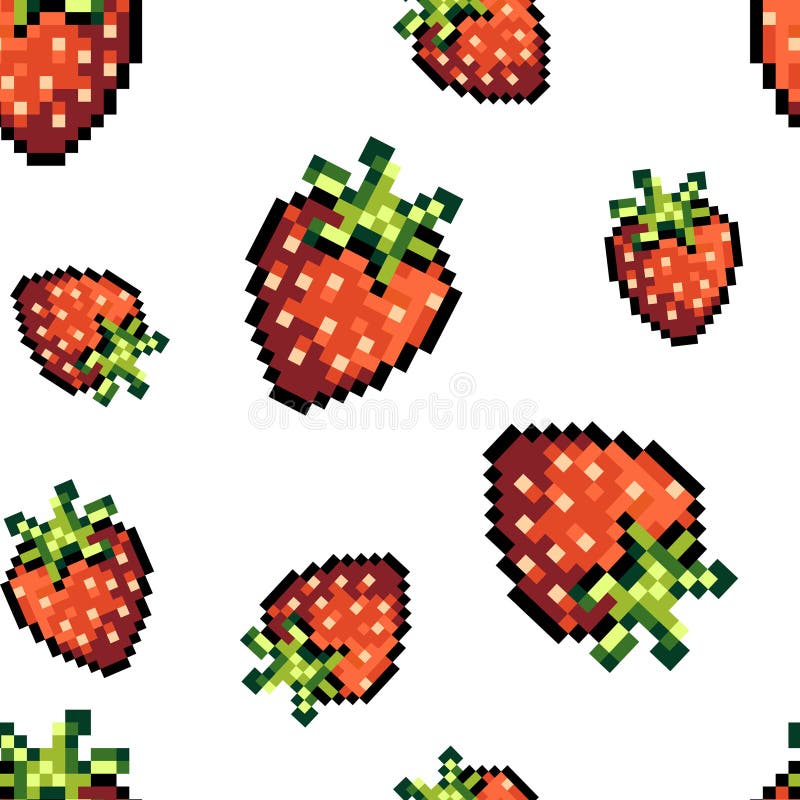Strawberry Seamless Pattern on White in Pixel Art Style. Seamless ...