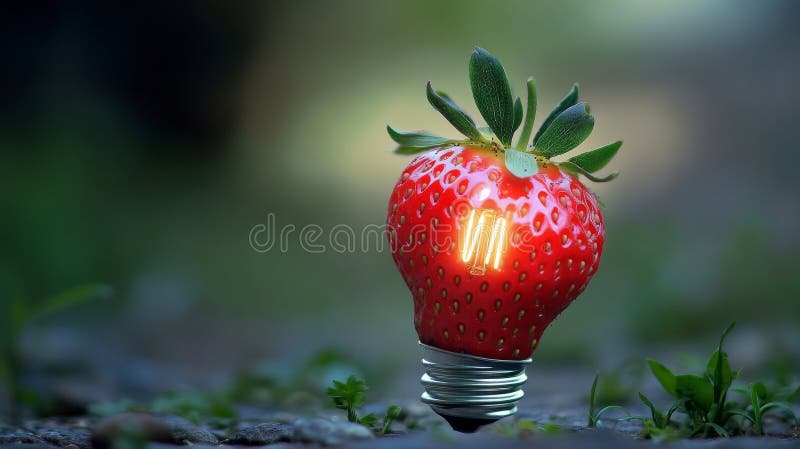 Strawberry-shaped Light Bulb Glowing among Grass, Creative Concept ...