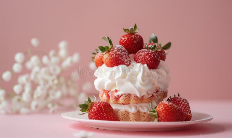 Strawberry Shortcake on a Pastel Pink Surface, Fresh Strawberries Stock ...