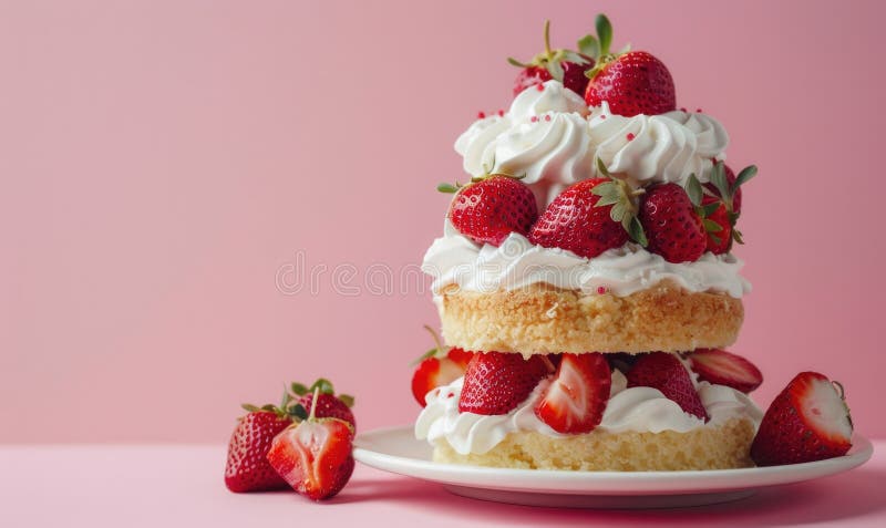 Strawberry Shortcake on a Pastel Pink Surface, Fresh Strawberries Stock ...