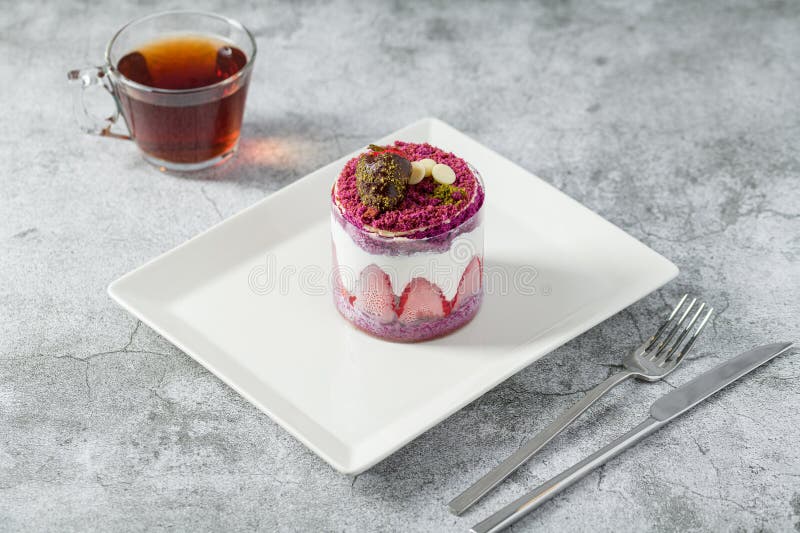 Strawberry Shortcake with Tea on a White Porcelain Plate Stock Image ...