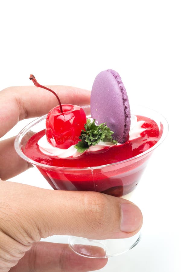 Strawberry Shot Cake with Cherry and Macaron Stock Image - Image of ...