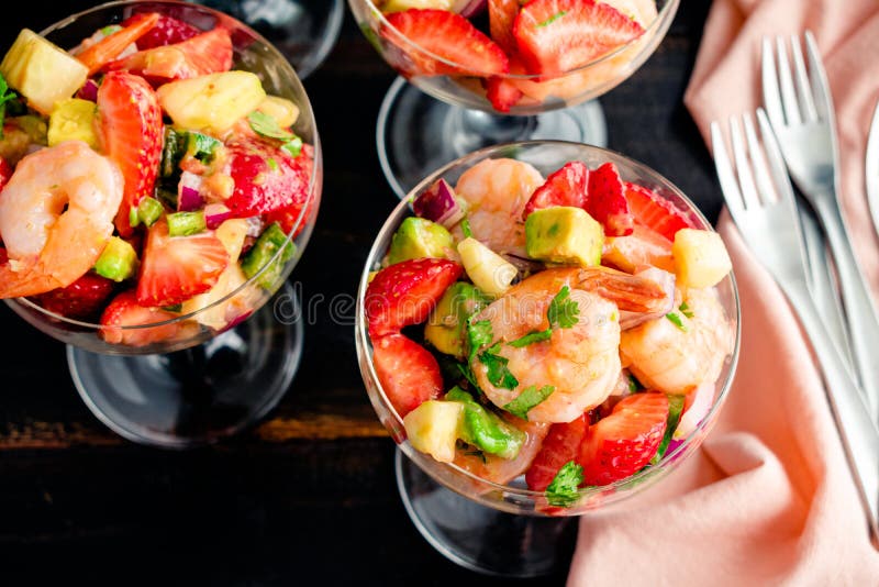 Strawberry Shrimp Ceviche Cocktails Served in Coupe Glasses Stock Photo ...