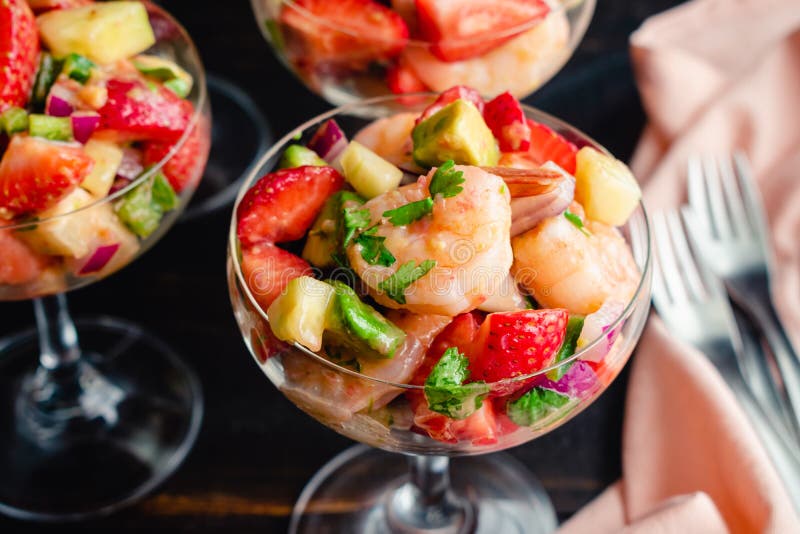 Strawberry Shrimp Ceviche Cocktails Served in Coupe Glasses Stock Photo ...