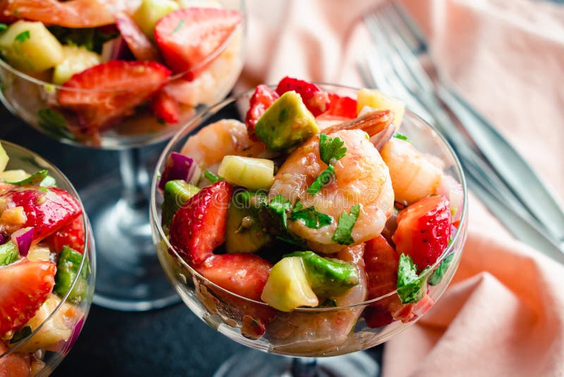 Strawberry Shrimp Ceviche Cocktails Served in Coupe Glasses Stock Image ...