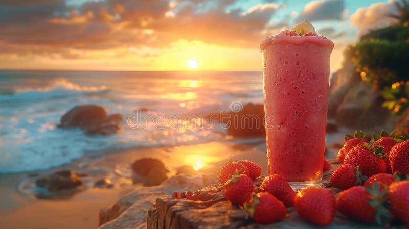 Strawberry Smoothie on Beach at Sunset - Generative Ai Stock ...