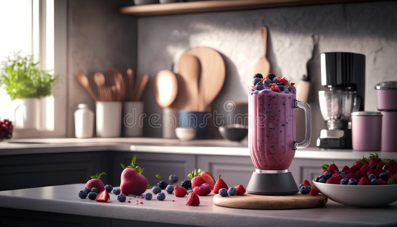 Strawberry Smoothie in Blender with Fresh Berries on Table in Kitchen ...