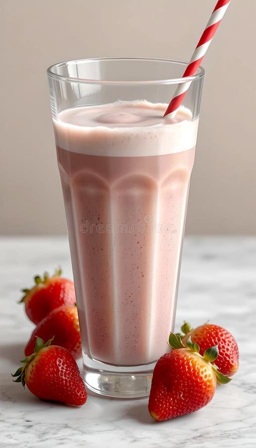 Strawberry Smoothie in a Tall Glass with Juicy Strawberries. Stock ...