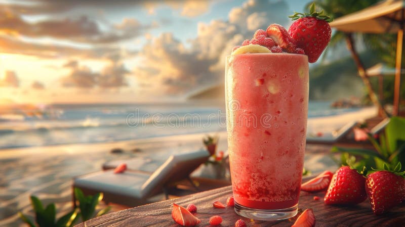 Strawberry Smoothie on Tropical Beach - Generative Ai Stock ...