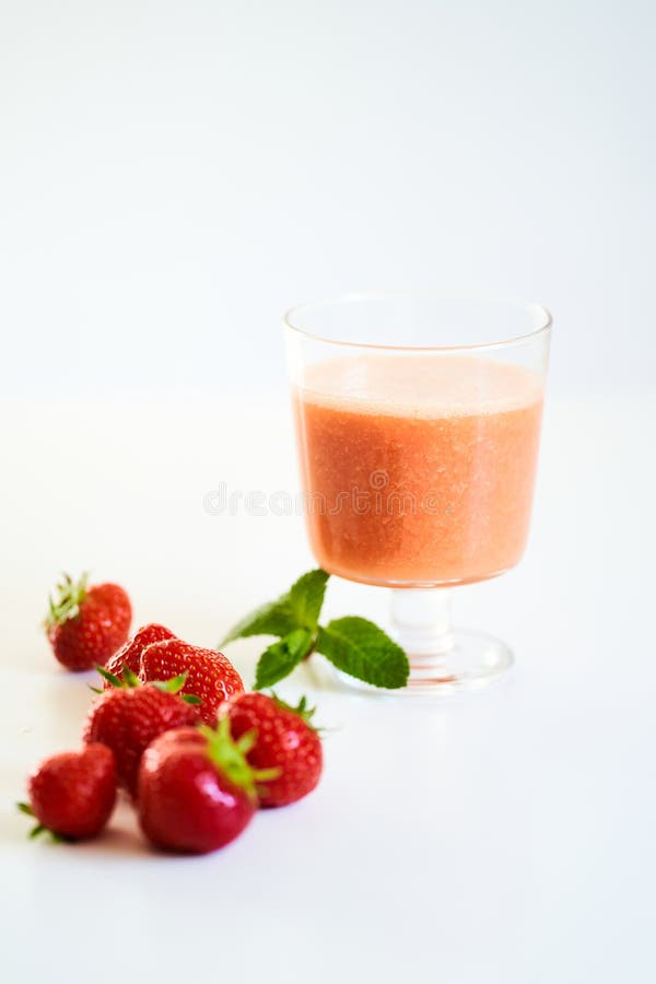 Strawberry Smoothie on White Background. Homemade, High Key Stock Photo ...
