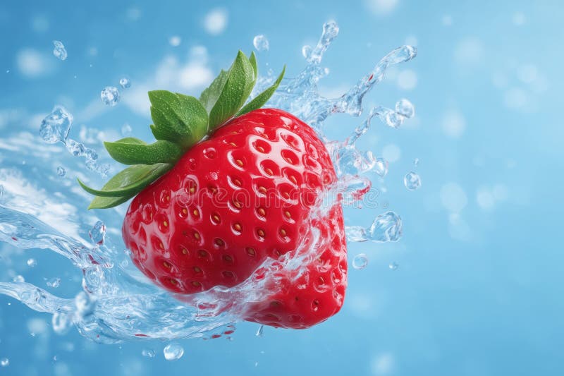 Strawberry Splashing into Clear Water, Creating Dynamic Motion Effect ...