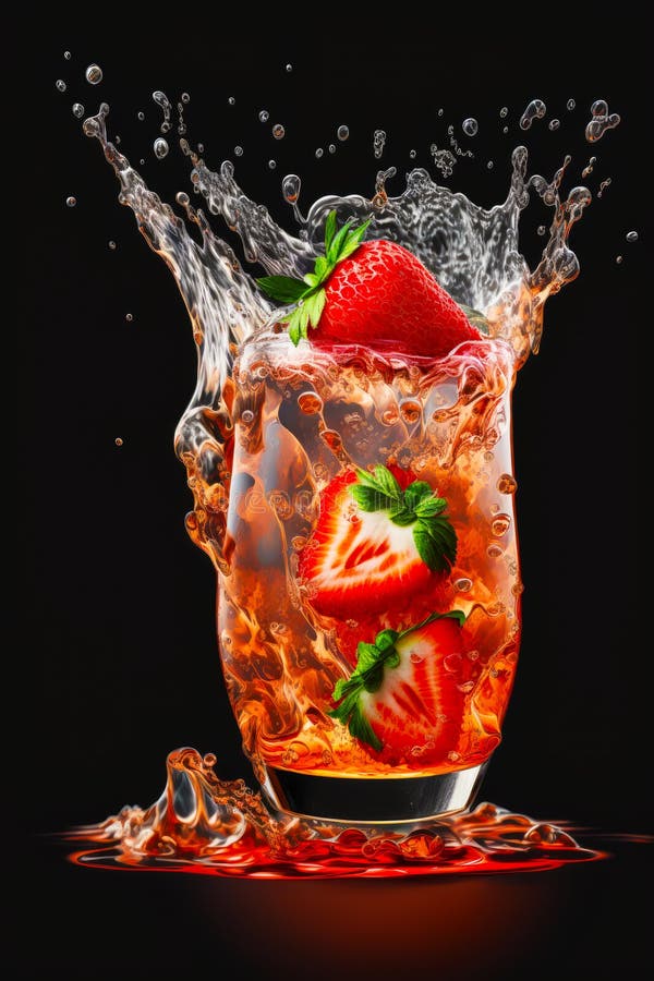 Strawberry Splashing into Glass of Water with Slice of Strawberry on ...