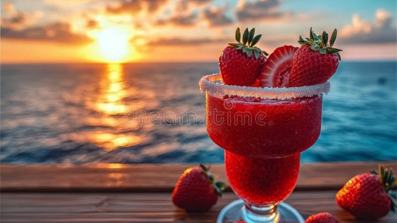 Strawberry Sunset Cocktail Oceanview Stock Photo - Image of glass ...