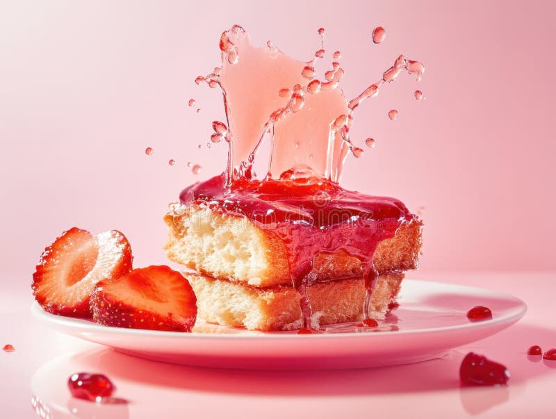 Strawberry Syrup Splashing Over Cake on a Pink Plate Stock Illustration ...
