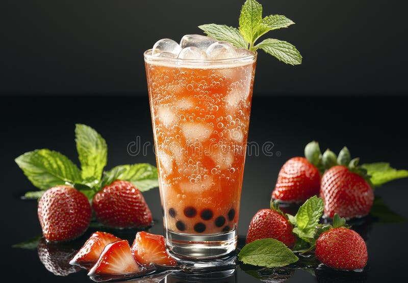 Strawberry Tea with Leaves and Ice on a Table with a Glass of Iced Tea ...