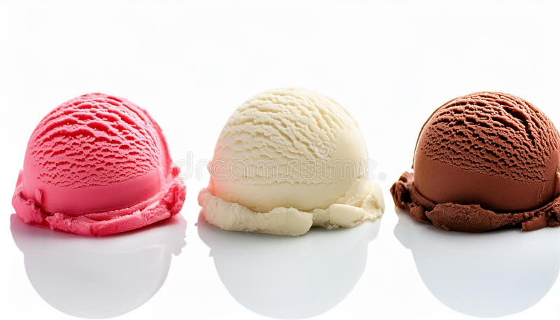 Strawberry, Vanilla, Chocolate Different Flavor Ice Cream Scoops Side ...