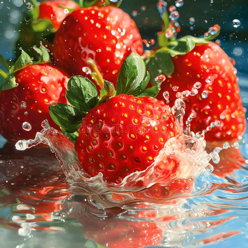 Strawberry in Water Splash, Isolated on a Blue Background. Stock ...