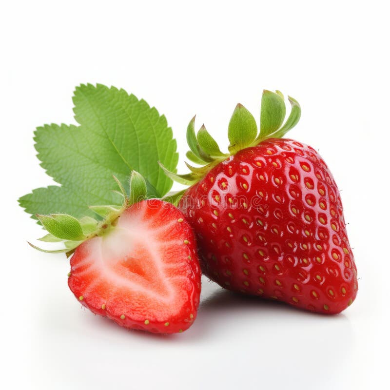 Strawberry Whole and Half with Leaf Isolated on White Background Stock ...