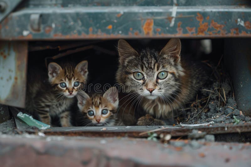Stray Cat with Kittens Hiding Under Object Stock Illustration ...