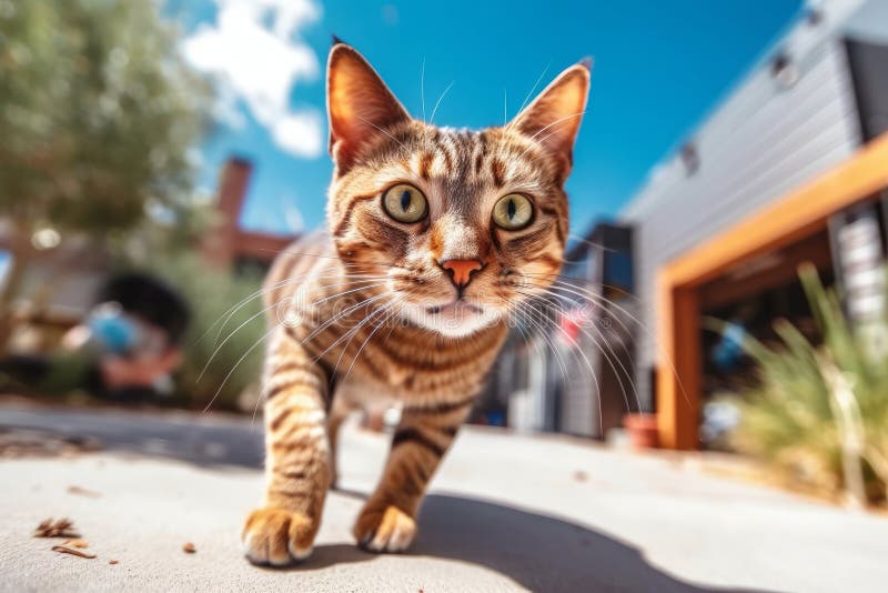 Stray Cat Running at Fast Pace Towards the Camera, Wide Angle Shot ...