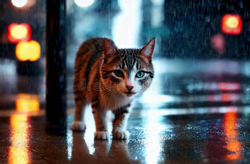 A Stray Cat Walks in the Rain Against the Background of the Evening ...