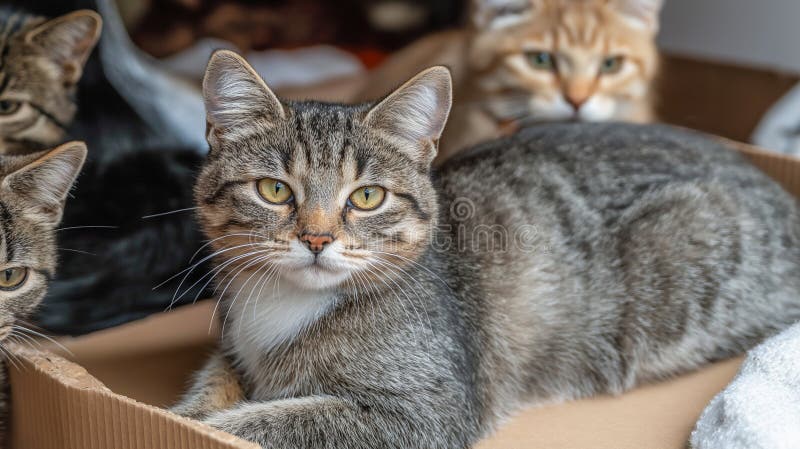 Stray Cats Rest in a Cardboard Box in a Cozy Room Stock Photo - Image ...