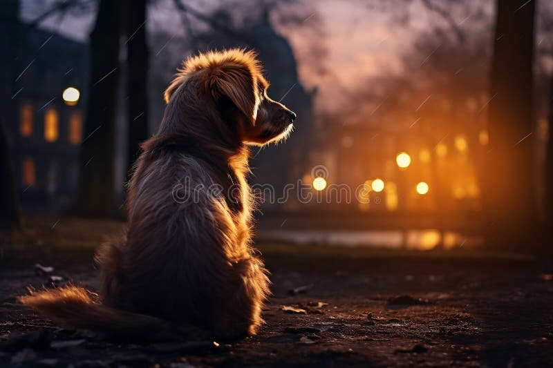 Stray Dog Sitting Under Rain at Night Stock Illustration - Illustration ...