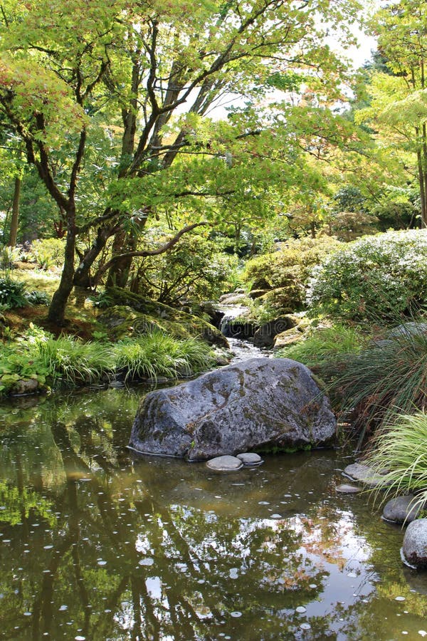 A Stream Cascading through Shrubs and Trees, Emptying into a Large Pond ...