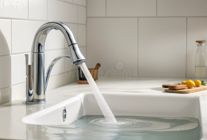 Stream of Clean Water Flows from Modern Kitchen Faucet. Concept of ...