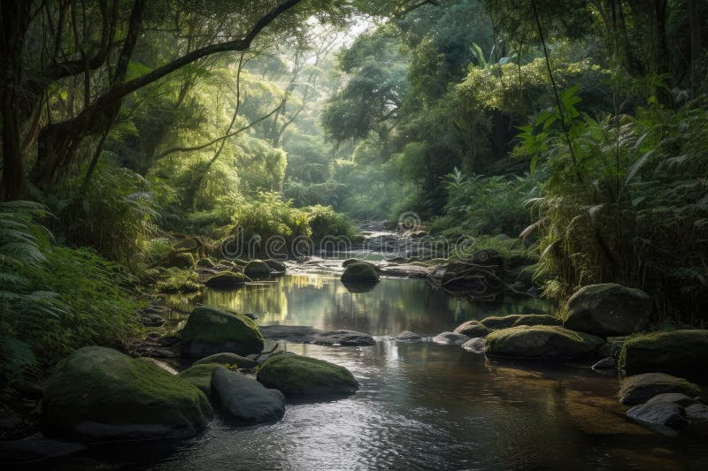 Stream with Clear, Flowing Water Surrounded by Lush Greenery Stock ...