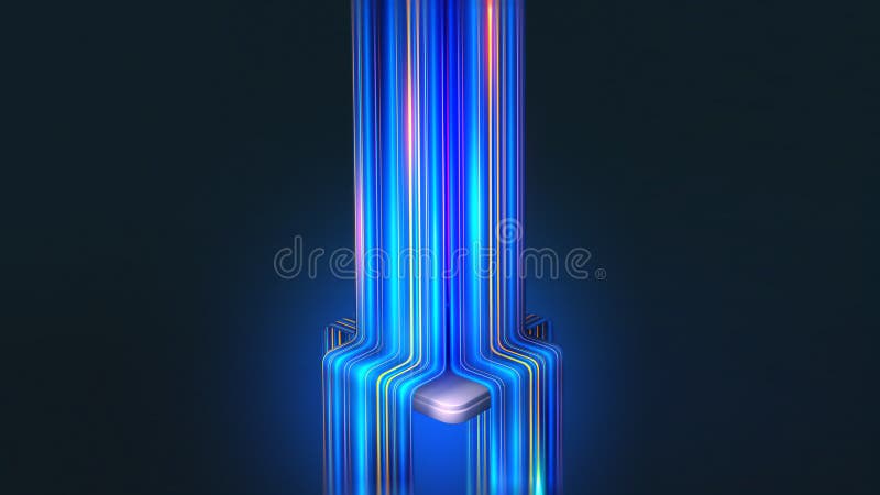Stream of Digital Beams Flowing Around the Central Processor. 3D ...