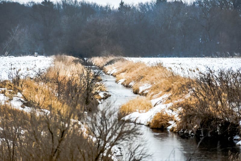 Stream Dividing Two Farm Fields in Winter Stock Photo - Image of ...