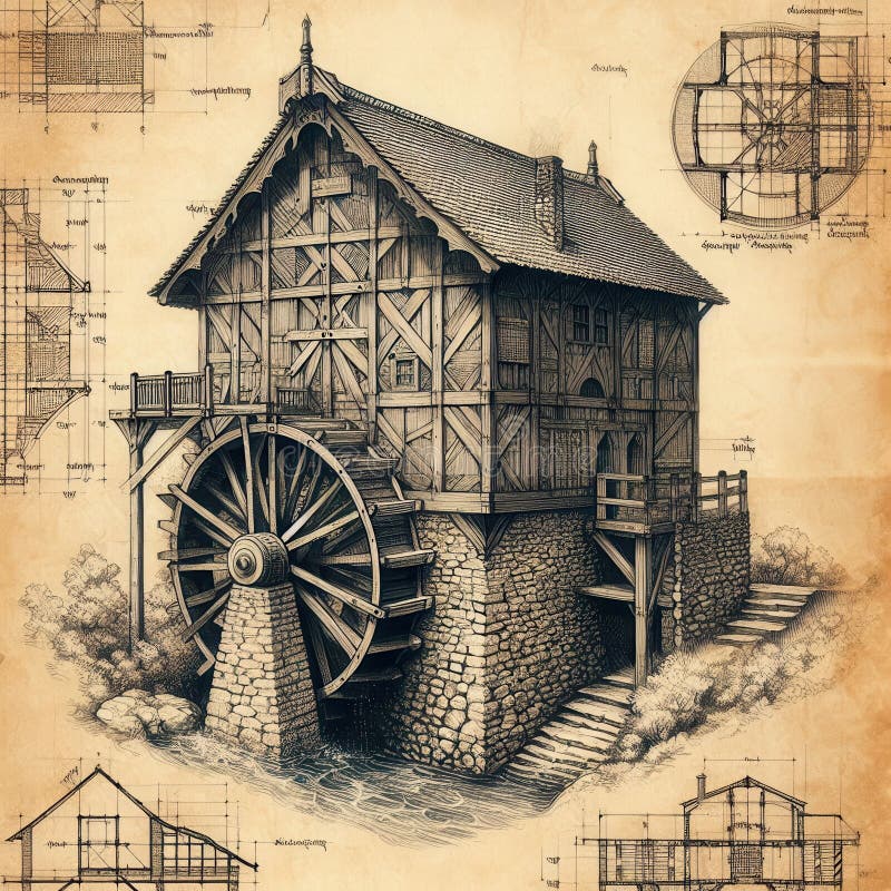 Stream-Driven Watermill Design in Fine Linework Stock Illustration ...