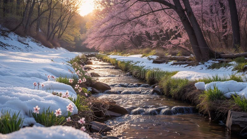Stream Edge Lined with Early Spring Blossoms Catching Light Beneath ...