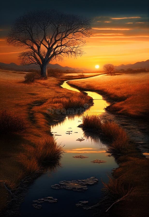 Stream in a Field at Sunset. AI Generated Stock Illustration ...